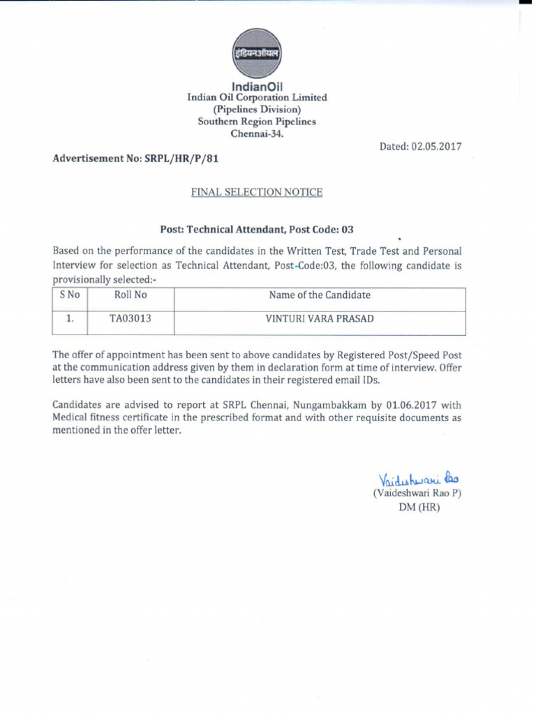 Final Selection Notice-Post Code 03 | PDF