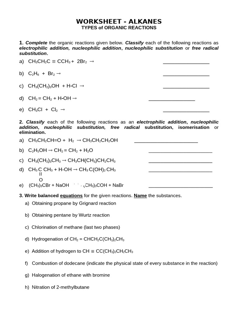 Alkanes Organic Reactions Worksheet | PDF | Alkane | Chemical Reactions