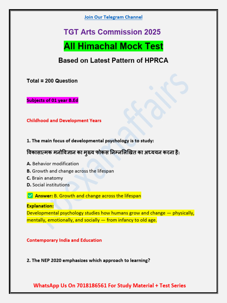 HPRCA TGT Arts All Himachal Free Mock Test (Answer) | PDF | Supply ...