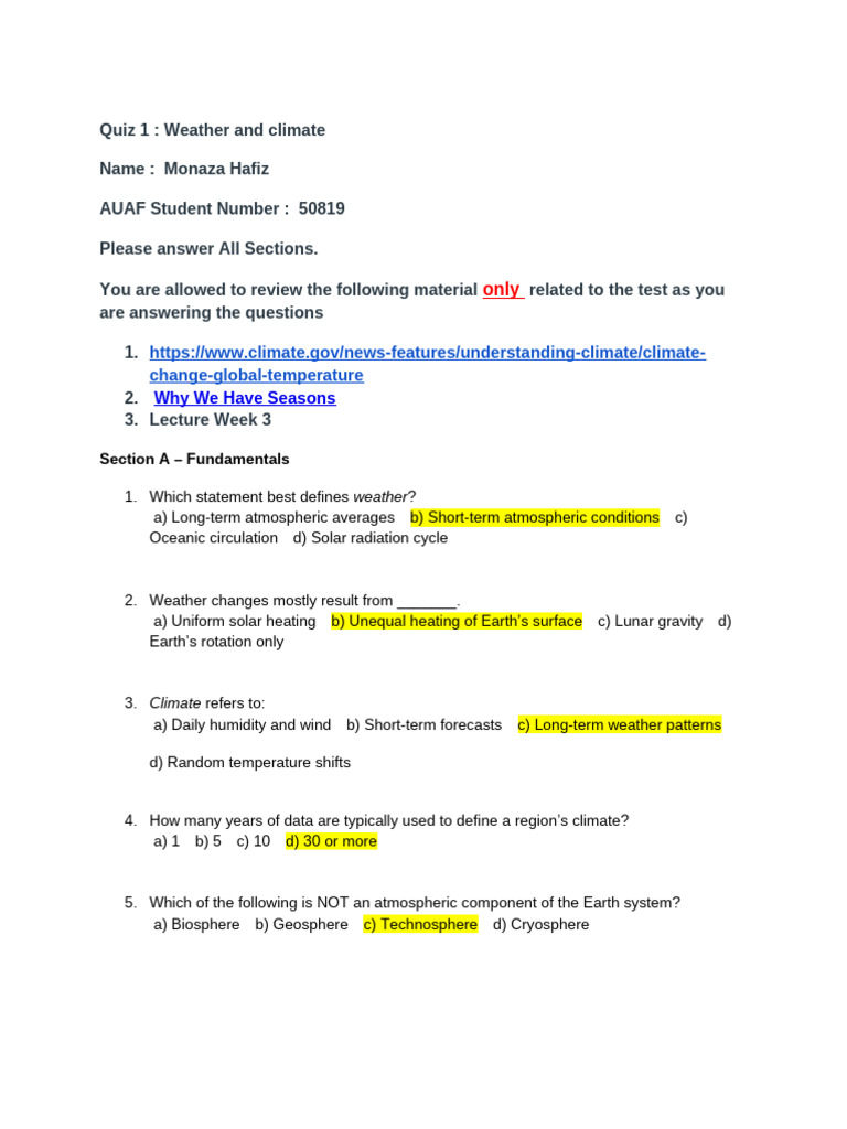 Weather and Climate Quiz Questions | PDF | Climate Change | Greenhouse Gas