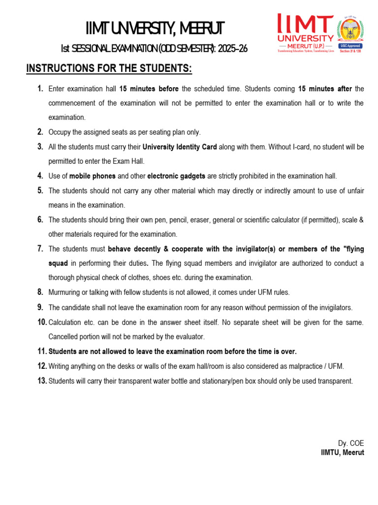 Exam Hall Instructions for Students | PDF