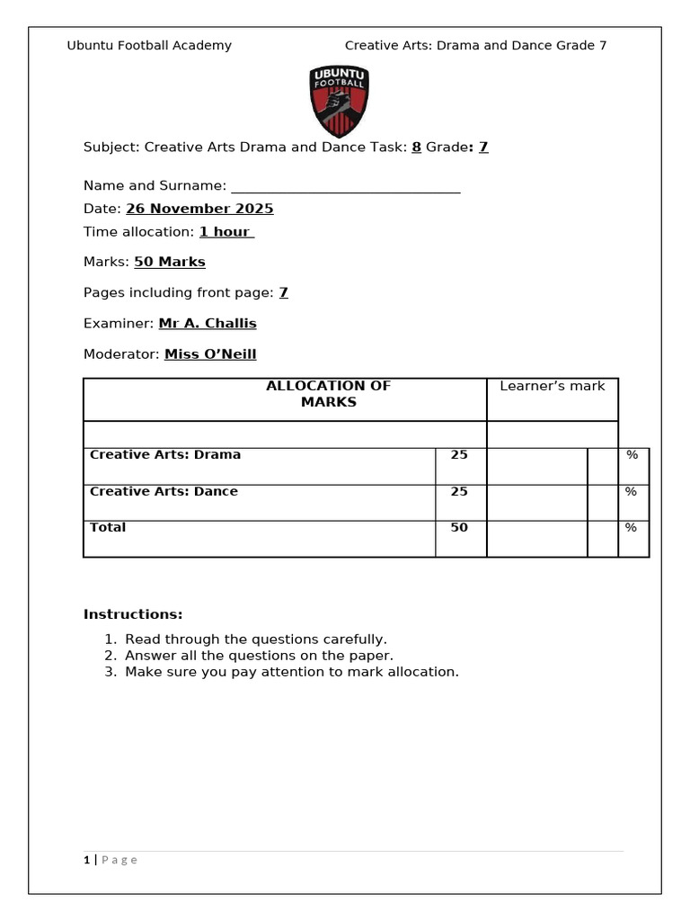 Grade 7 Creative Arts Drama and Dance November Exam 2025 | PDF ...