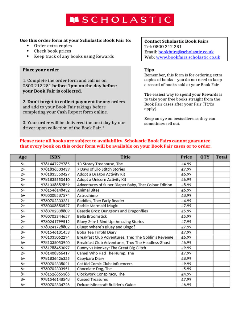 Scholastic Book Fair Order Form | PDF