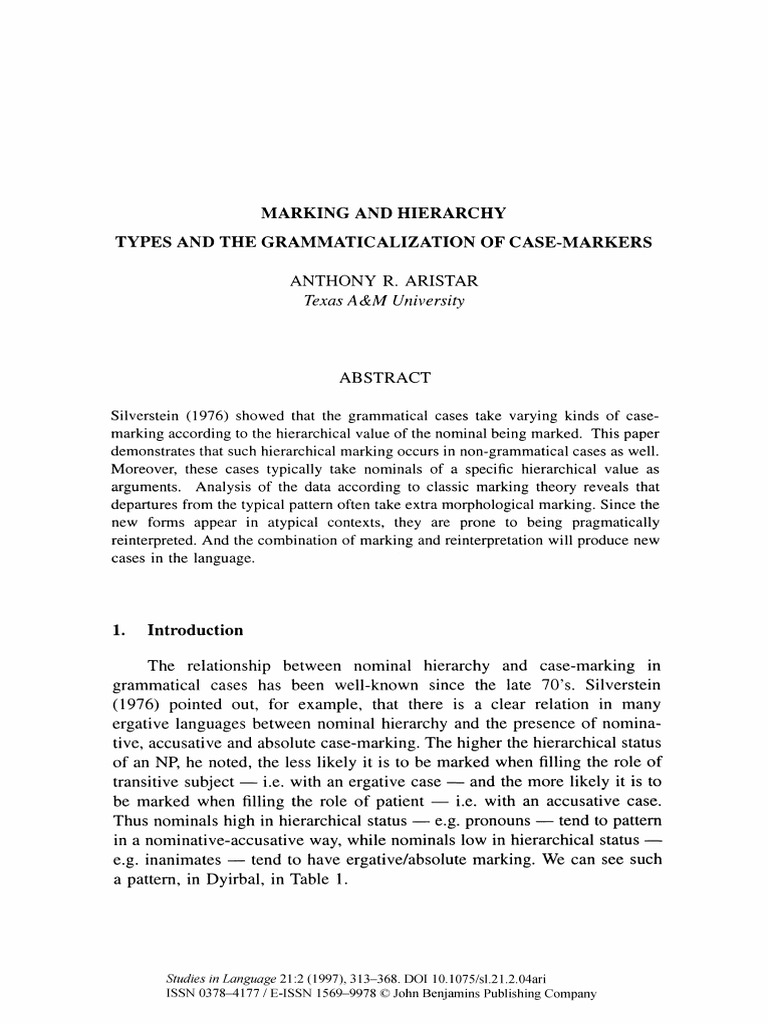 Anthony R. Aristar - Marking and Hierarchy Types and the ...