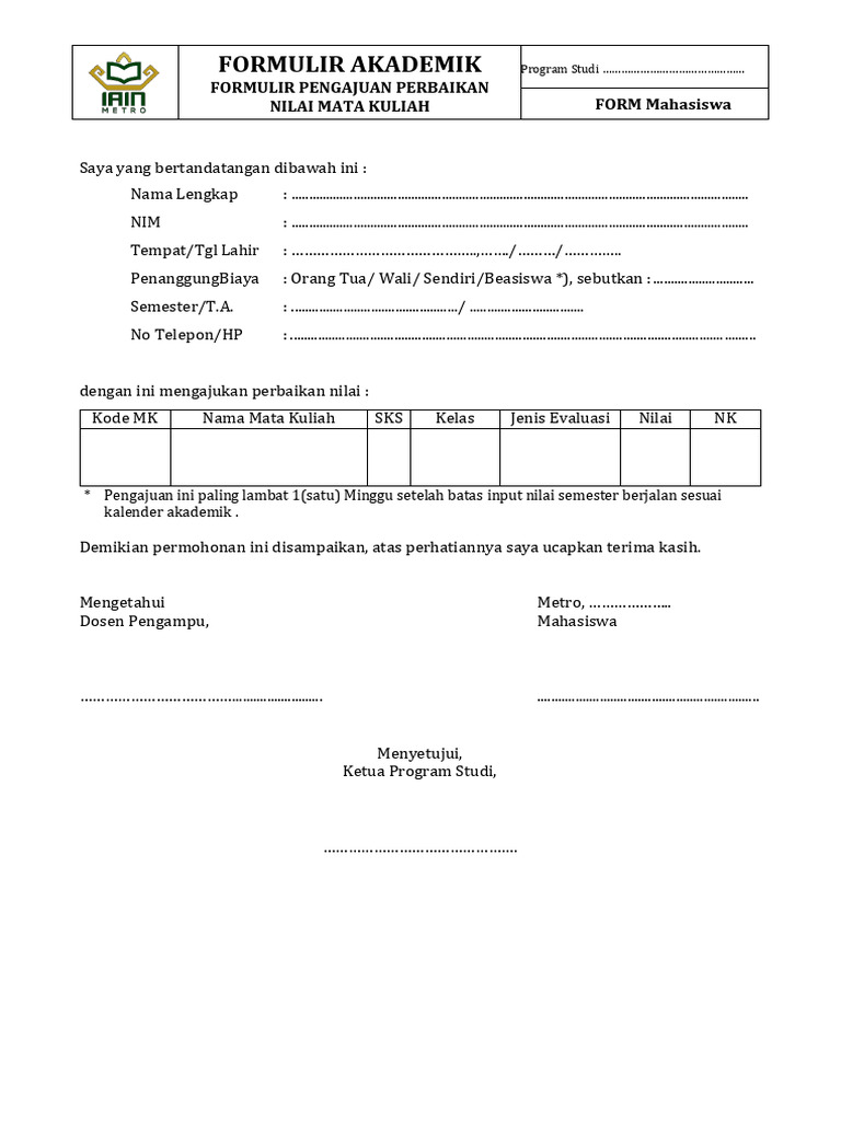 Formulir Pengajuan Perbaikan Nilai | PDF