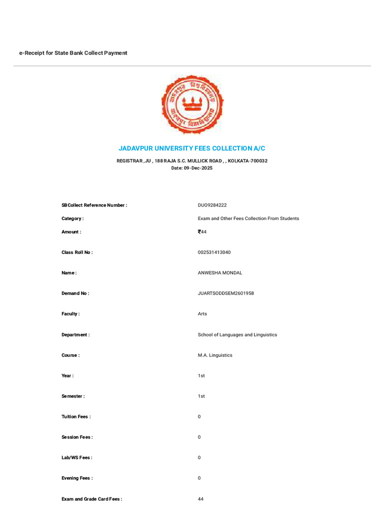 Payment Slip Exam Fees JuSem 1 | PDF