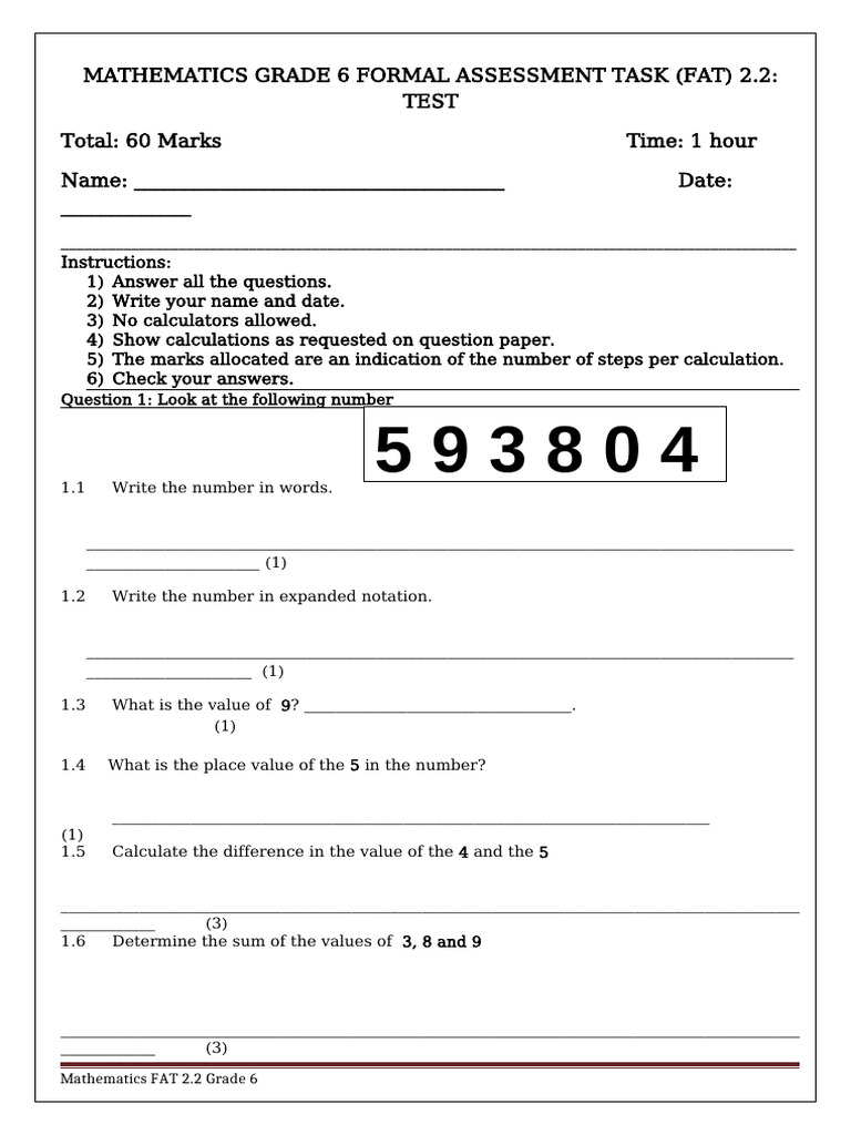 Grade 6 Mathematics FAT 1.2 Test | PDF | Mathematics