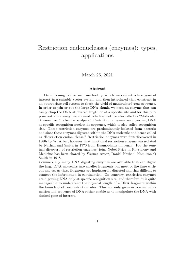 Types and Applications of Restriction Enzymes | PDF | Restriction ...