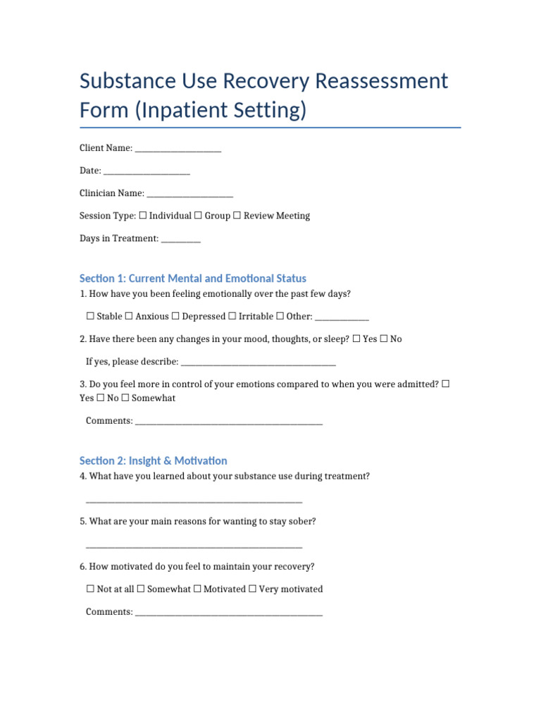 Inpatient Substance Use Recovery Form | PDF | Substance Abuse ...