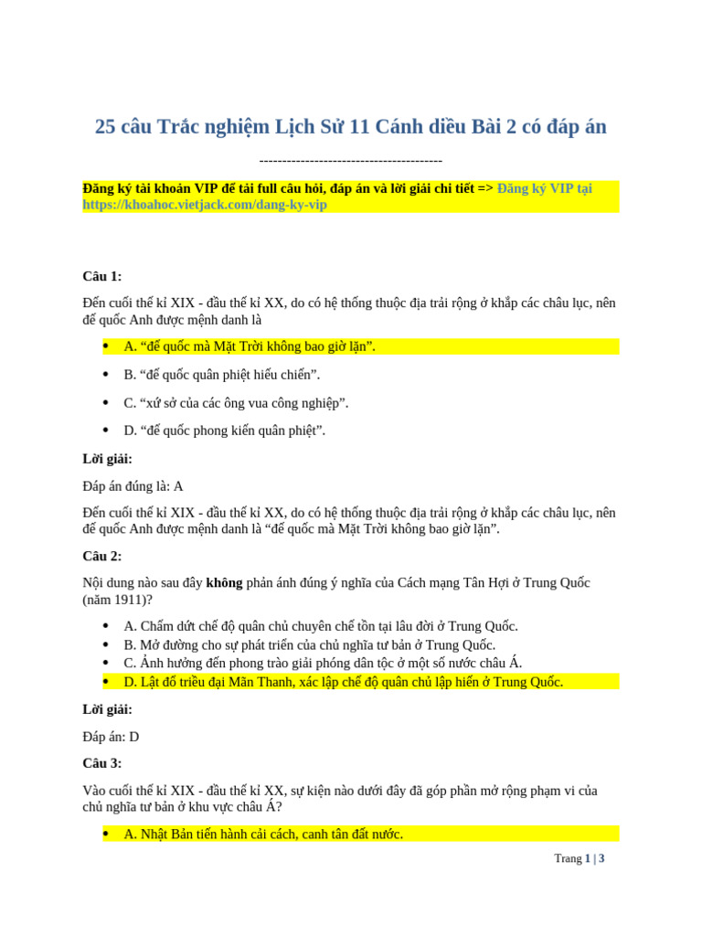 25 Cau Trac Nghiem Lich Su 11 Canh Dieu Bai 2 Co Dap An 2025-11-14 | PDF
