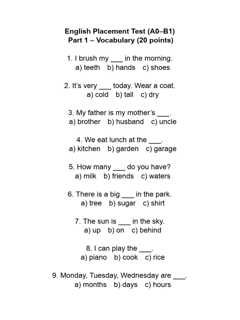 English Placement Test (A0–B1) | PDF