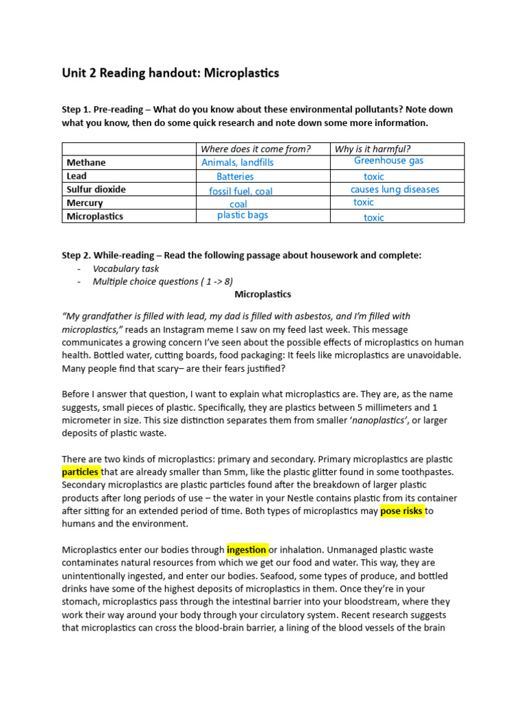 Unit 2 Reading Handout | PDF | Plastic | Environmental Issues