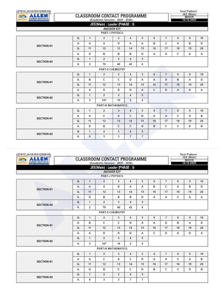 Jee Mains Mt#10 Leader Batch Ans Key D-14!12!2025 | PDF | Science Education | Physical Sciences