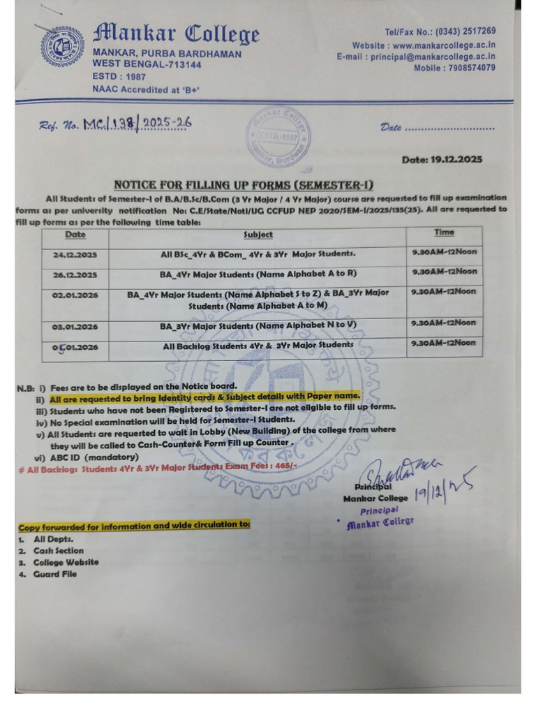 Notice Form Exam Form Fill Up of Sem-1 | PDF