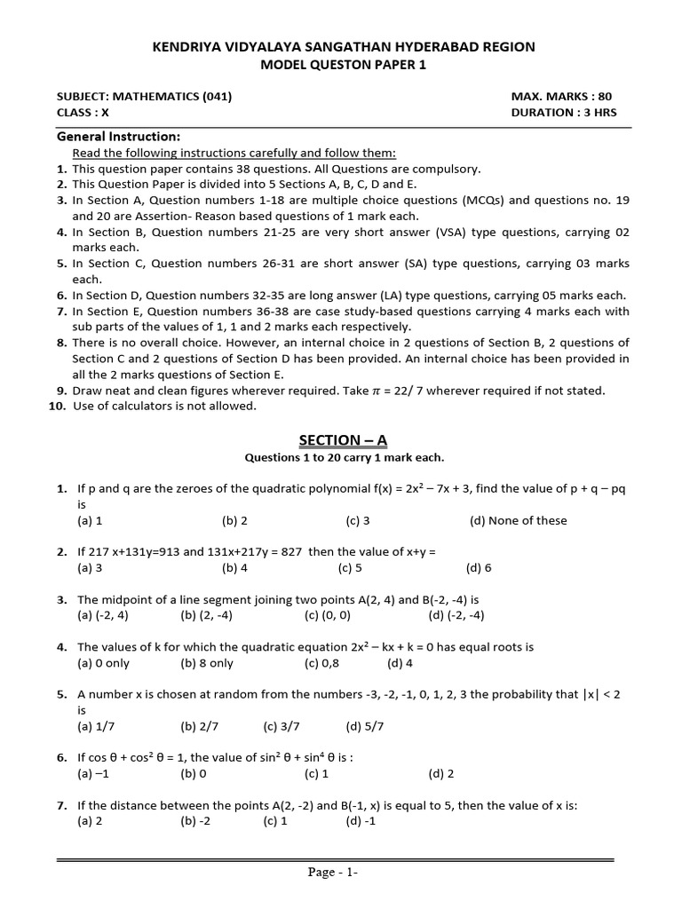 Class 10 Mathematics Model Question Paper | PDF | Quadratic Equation ...