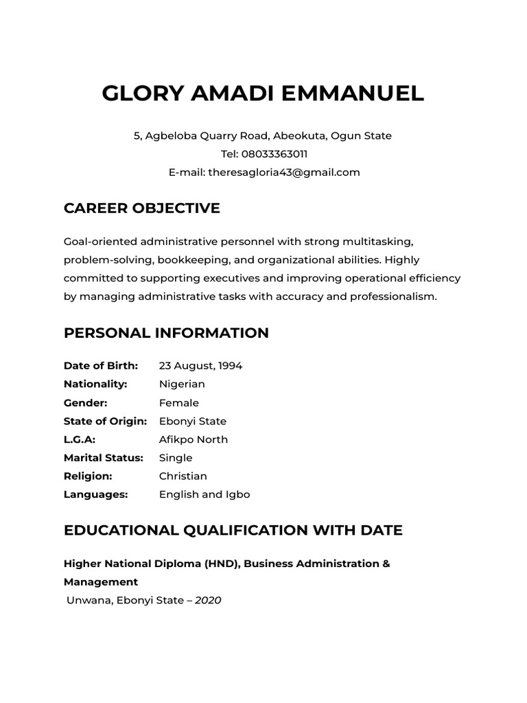 Glory Amadi Emmanuel Cv | PDF