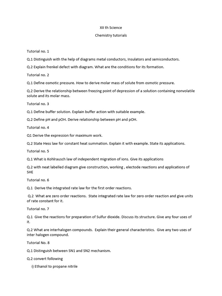 Chemistry Tutorials for XII Science | PDF