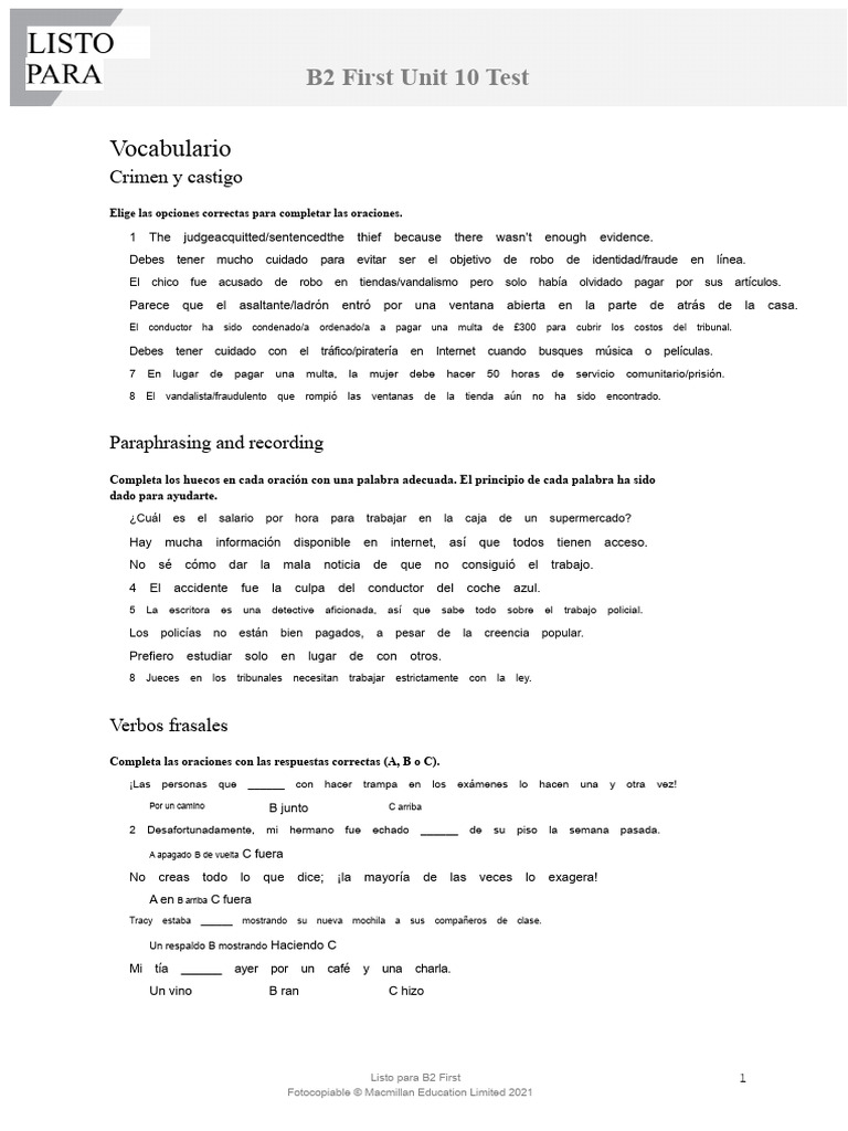 Prueba de Vocabulario y Gramática B2 | PDF