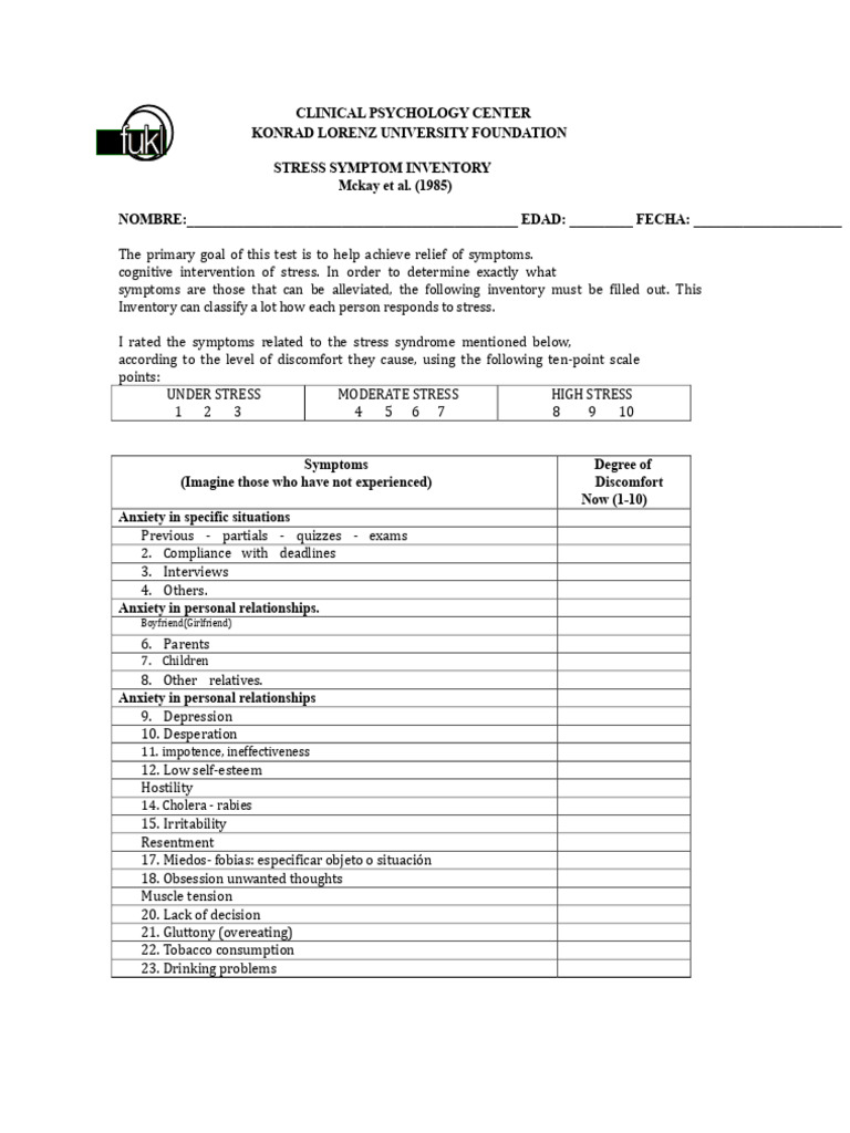 Stress Symptom Inventory Assessment | PDF | Anxiety | Stress (Biology)