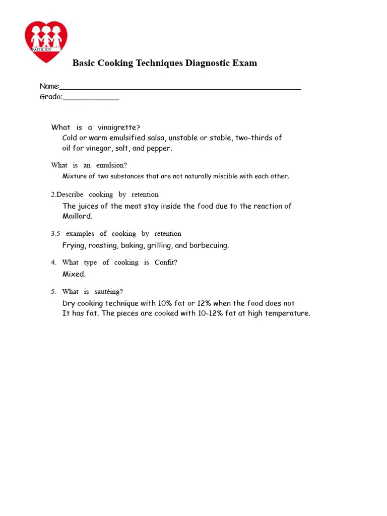 Diagnostic Exam Basic Cooking Techniques | PDF | Cooking | Vinaigrette