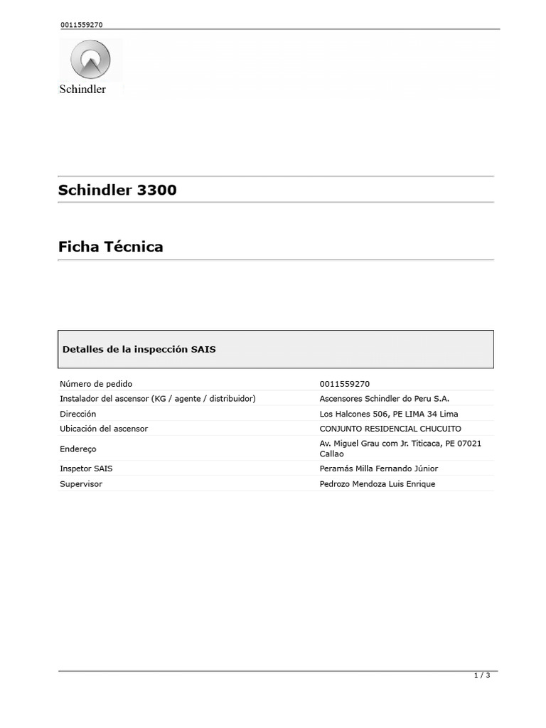 Ficha Técnica Ascensor Schindler 3300 | PDF