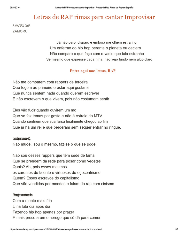 Letras de RAP: Rimas para Improvisar | PDF | Rap (gênero musical)