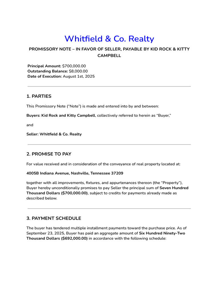 Promissory Note – in Favor of Seller, Payable by Kid Rock & Kitty ...