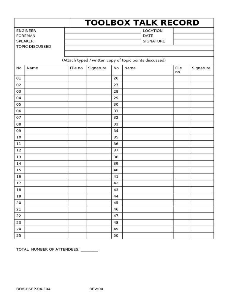 16.toolbox Talk Attendance Sheet | PDF