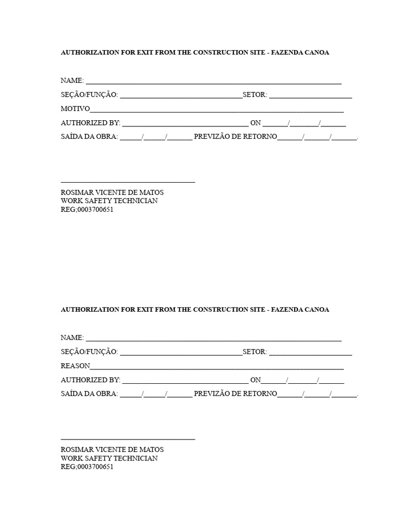 Authorization For Exit From The Construction Site | PDF
