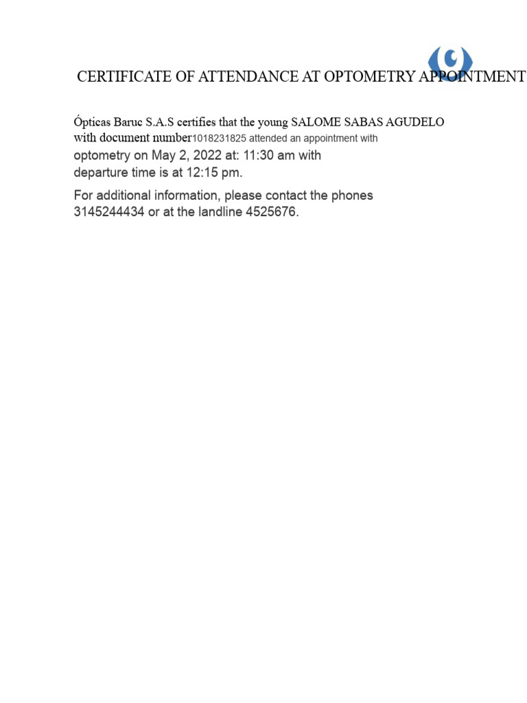 CERTIFICATE OF ATTENDANCE FOR OPTOMETRY APPOINTMENT | PDF