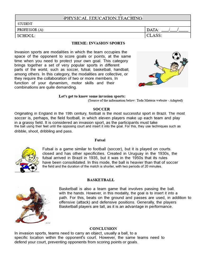 PHYSICAL EDUCATION ACTIVITY - INVASION SPORTS - | PDF | Association ...