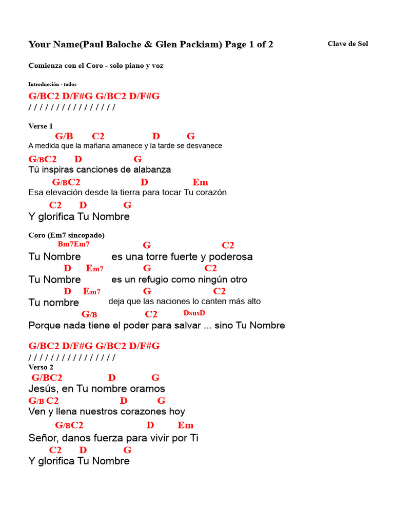 Microsoft Word - Tu Nombre (Baloche) - Acordes en G | PDF