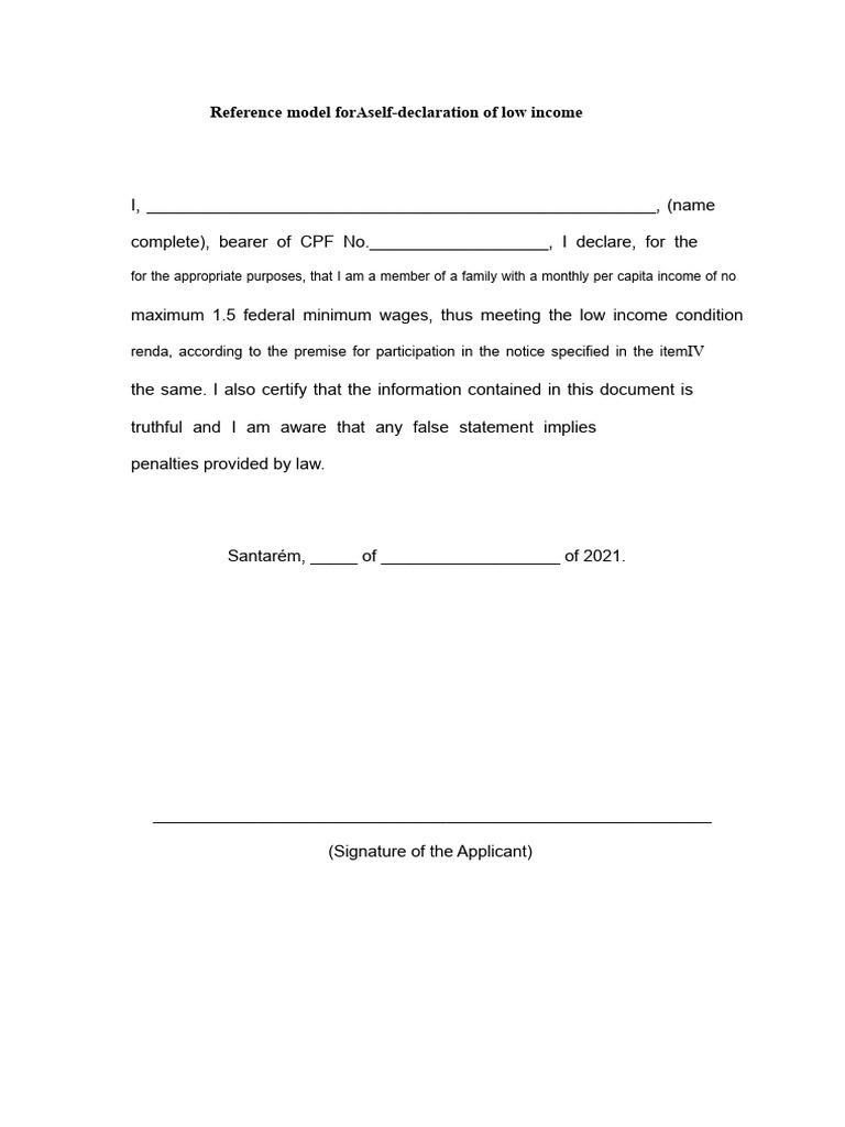 Reference Model For Low Income Self-Declaration | PDF