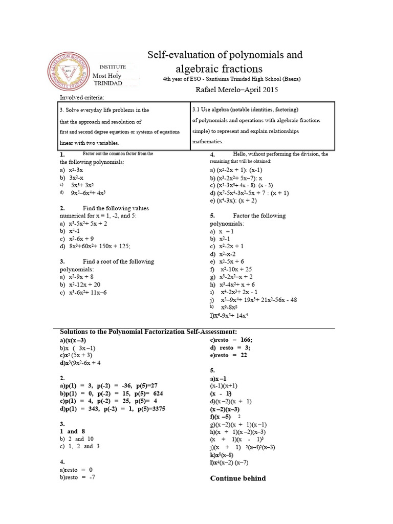 Self-Assessment of Polynomials and Algebraic Fractions Math B 4th | PDF ...