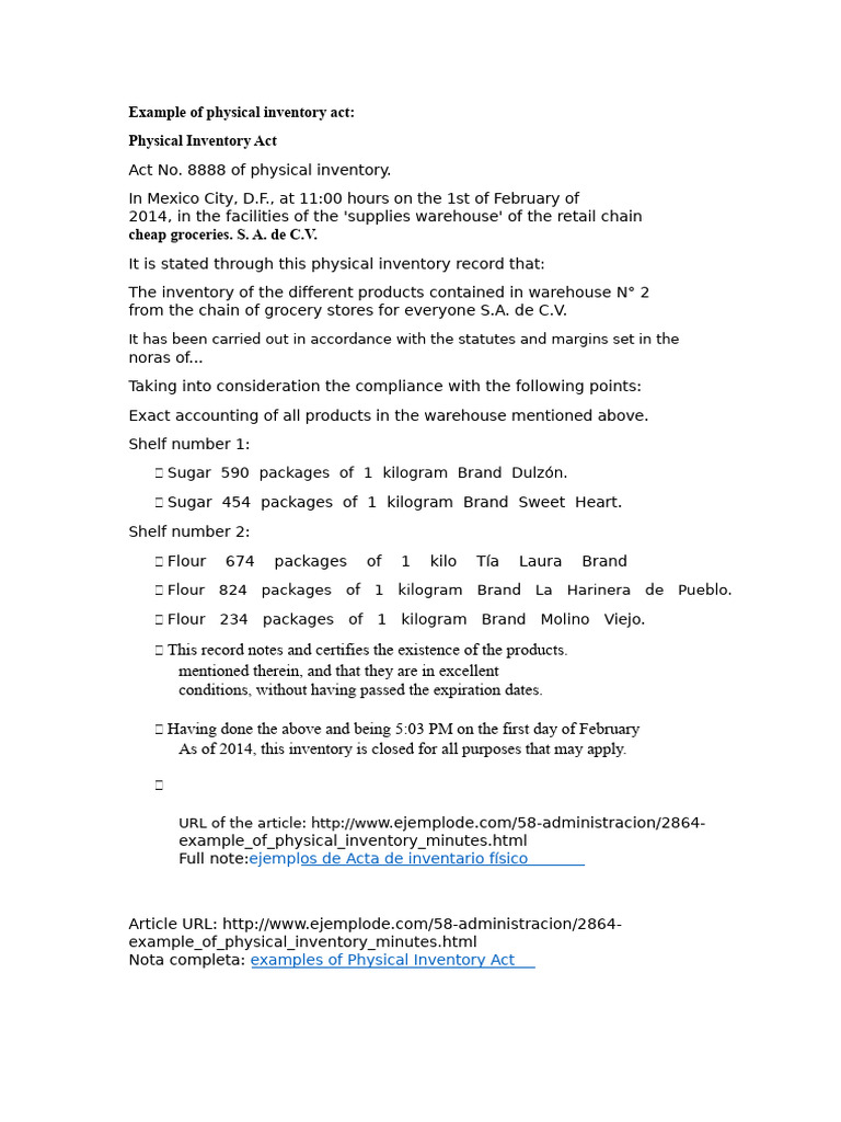 Physical Inventory Act Example | PDF