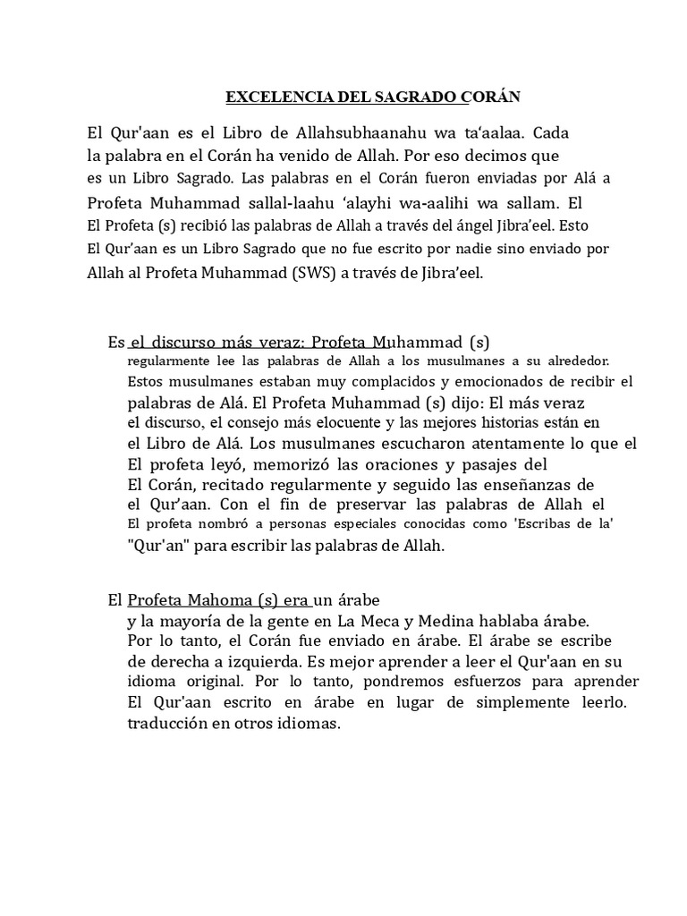 La Excelencia del Sagrado Corán | PDF | Corán | Islam