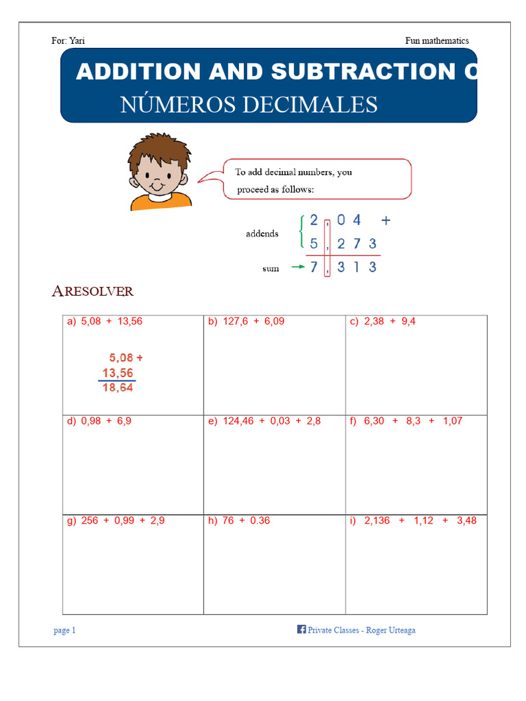 Addition and Subtraction with Decimals Primary | PDF | Decimal ...
