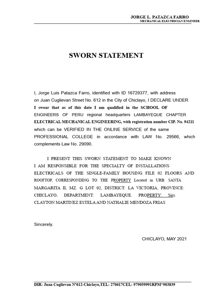 Sworn Statement of Mechanical Electrician | PDF