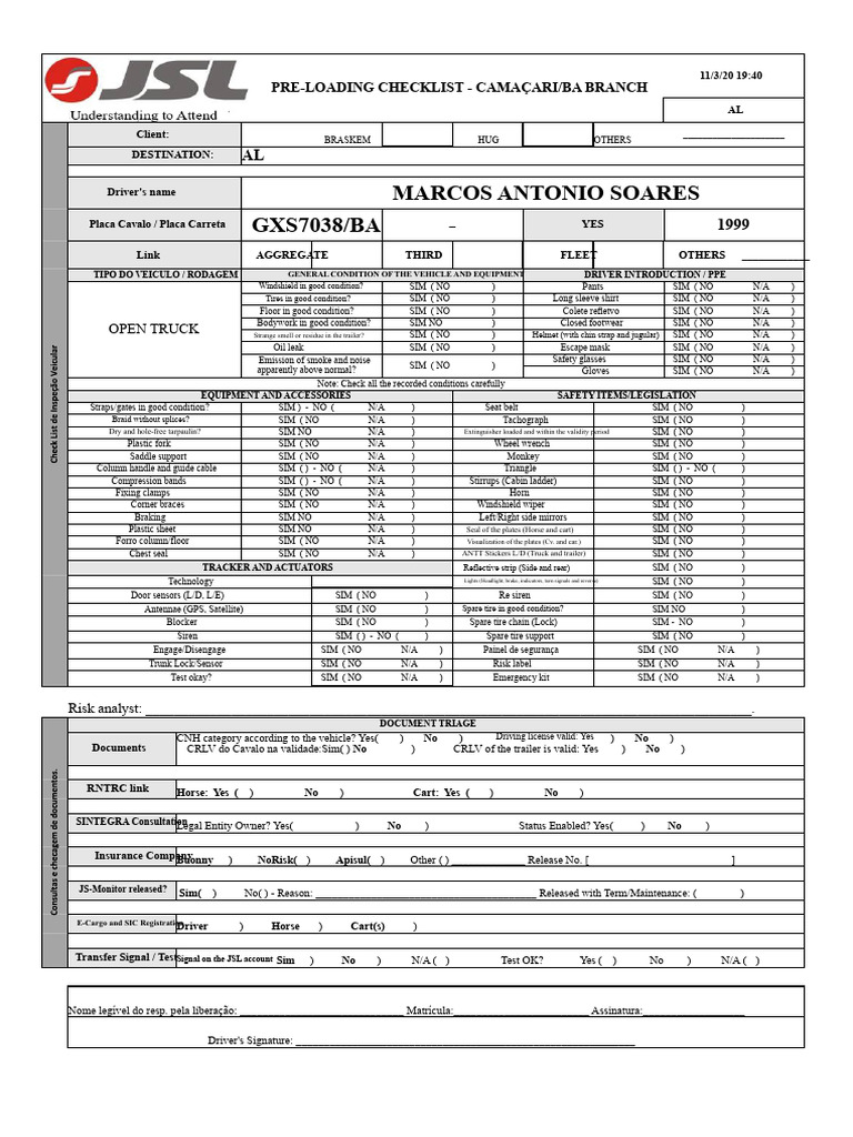 Pre-Loading Checklist for Braskem Vehicles | PDF | Trailer (Vehicle ...