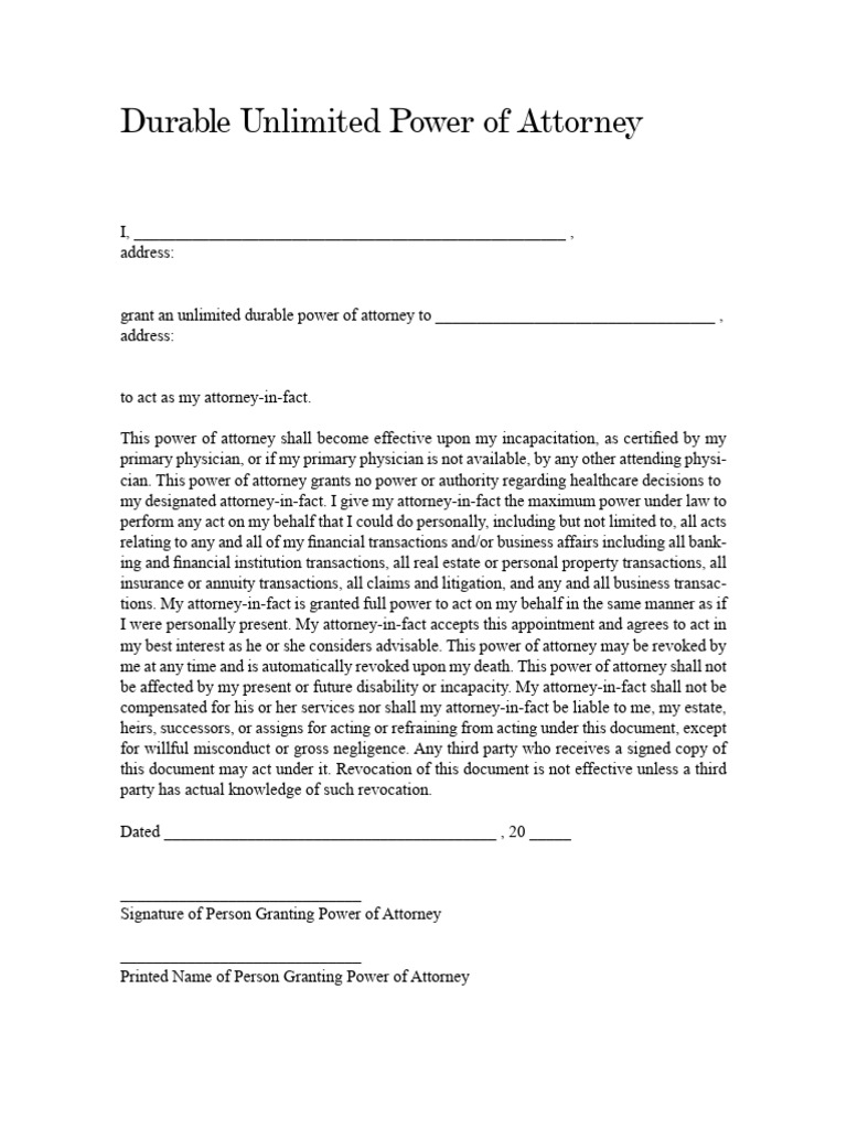 Durable Unlimited Power of Attorney Form | PDF | Power Of Attorney ...