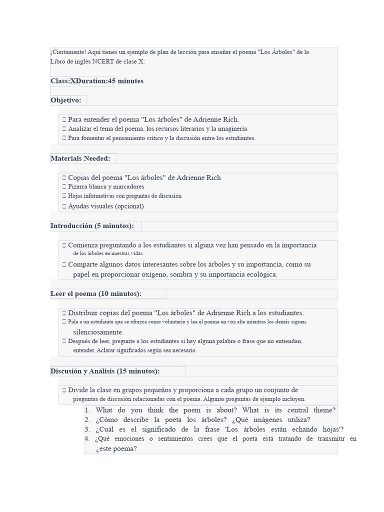 Plan de Lección Los Árboles Clase X | PDF | Pensamiento | Té