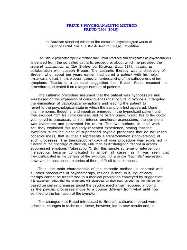 FREUD, S. (1904). Freud's Psychoanalytic Method | PDF | Sigmund Freud ...