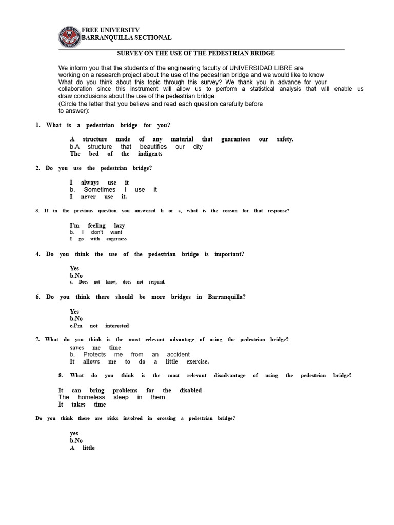 SURVEY ON THE USE OF THE PEDESTRIAN BRIDGE.docx | PDF