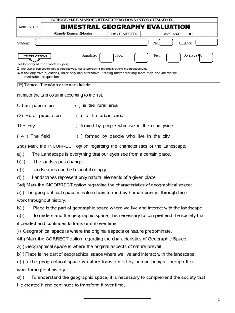 135034687-1st-EVALUATION-GEOGRAPHY-6th-GRADE.doc | PDF | Landscape | Nature