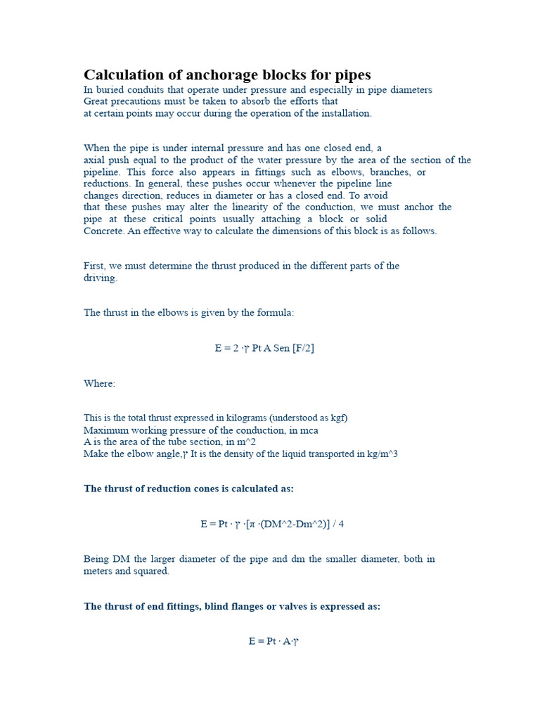 Anchorage Block Calculations for Pipes | PDF | Pressure | Pipe (Fluid ...