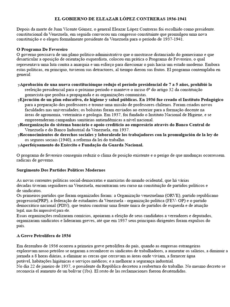 O GOVERNO DE ELEAZAR LÓPEZ CONTRERAS 1936 | PDF | Venezuela | Sindicato