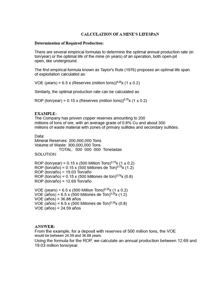 Mine Lifespan and Production Rate Calculation | PDF