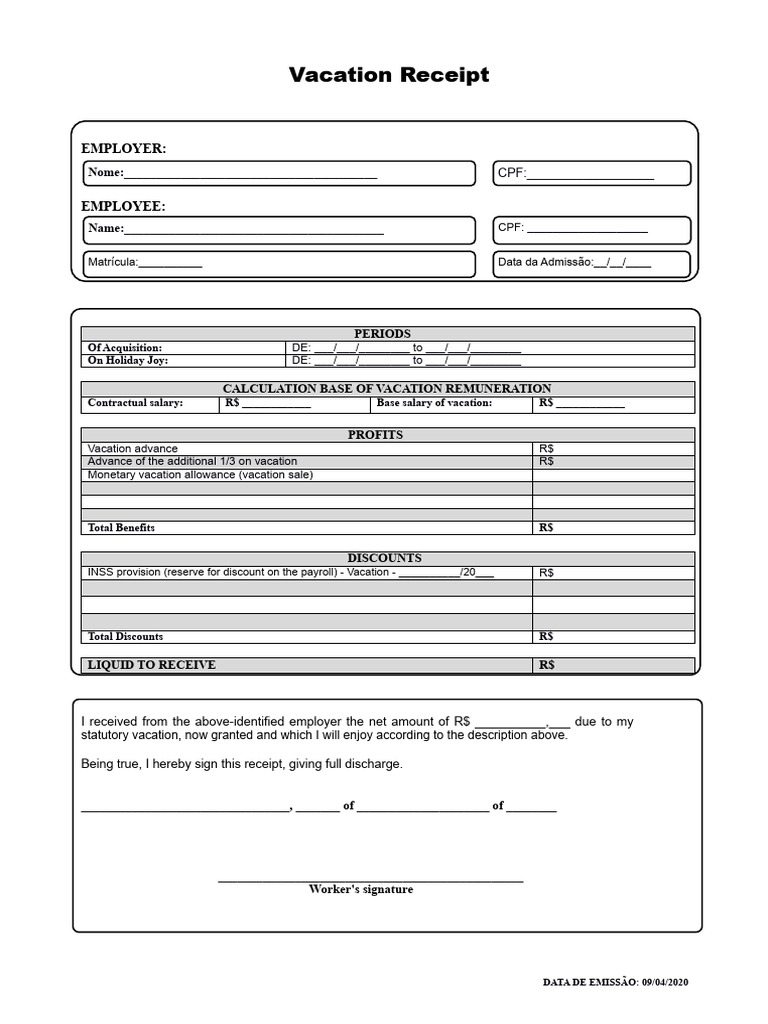 Vacation Receipt Template for Employees | PDF
