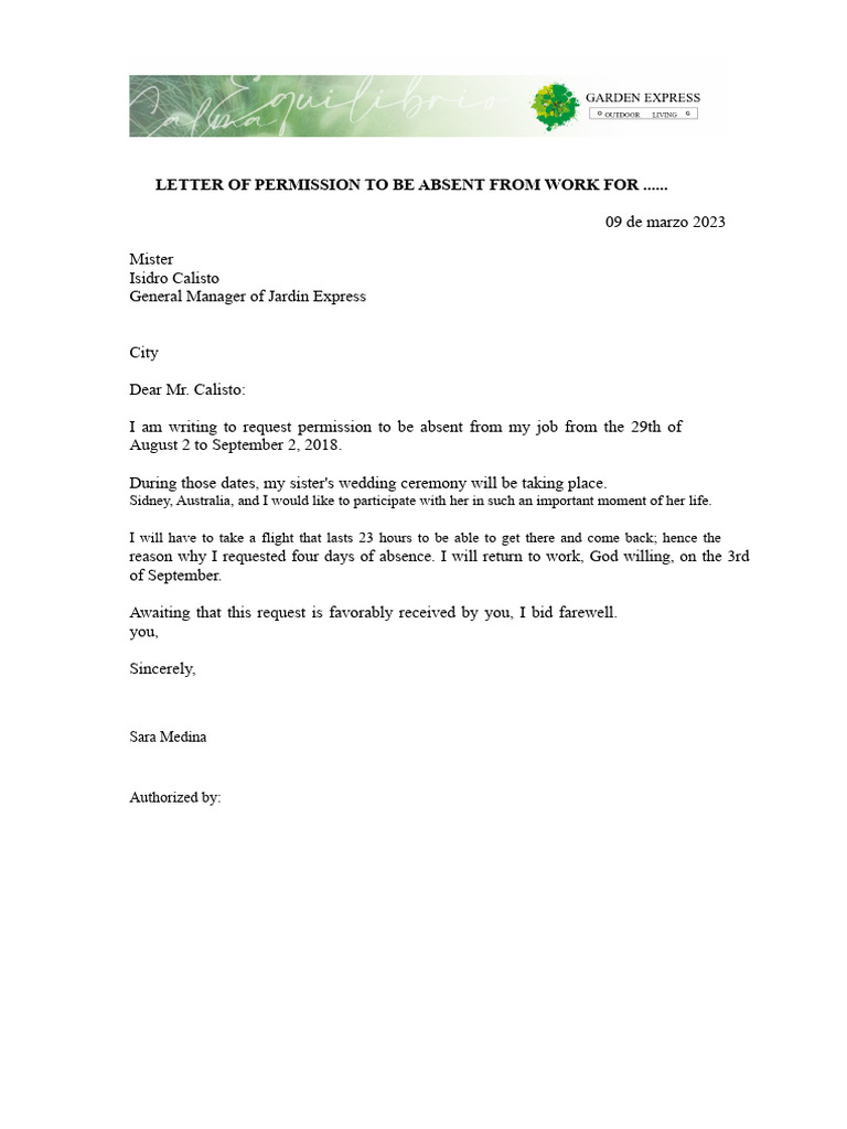 LETTER OF PERMISSION TO BE ABSENT FROM WORK by Sara | PDF