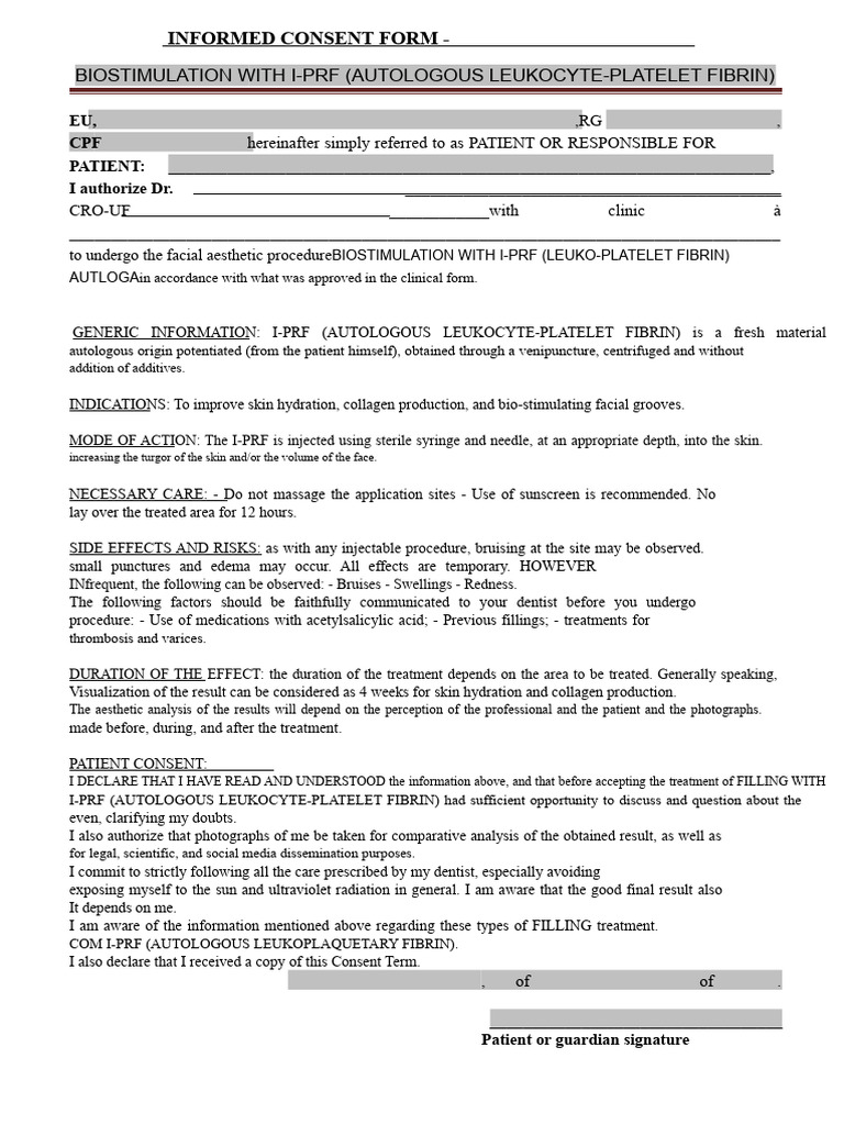 Consent Form Completion With I-PRF (For Students) | PDF | Medicine ...